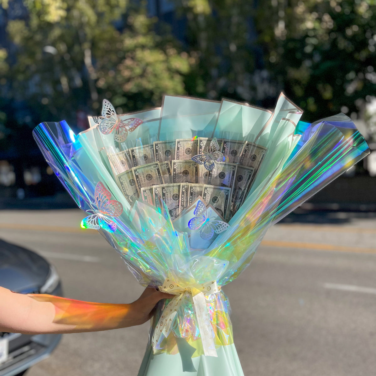 Blue Neon Money Bouquet: $100 Bills and Neon Butterflies in Vibrant ...