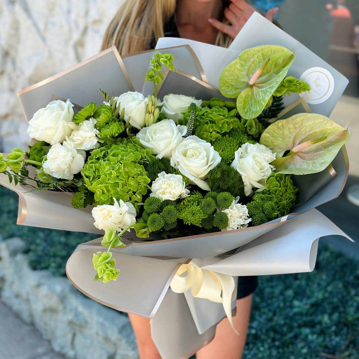 "Organic Green Bouquet - Hydrangeas, Roses, Anthuriums, Veronica ...